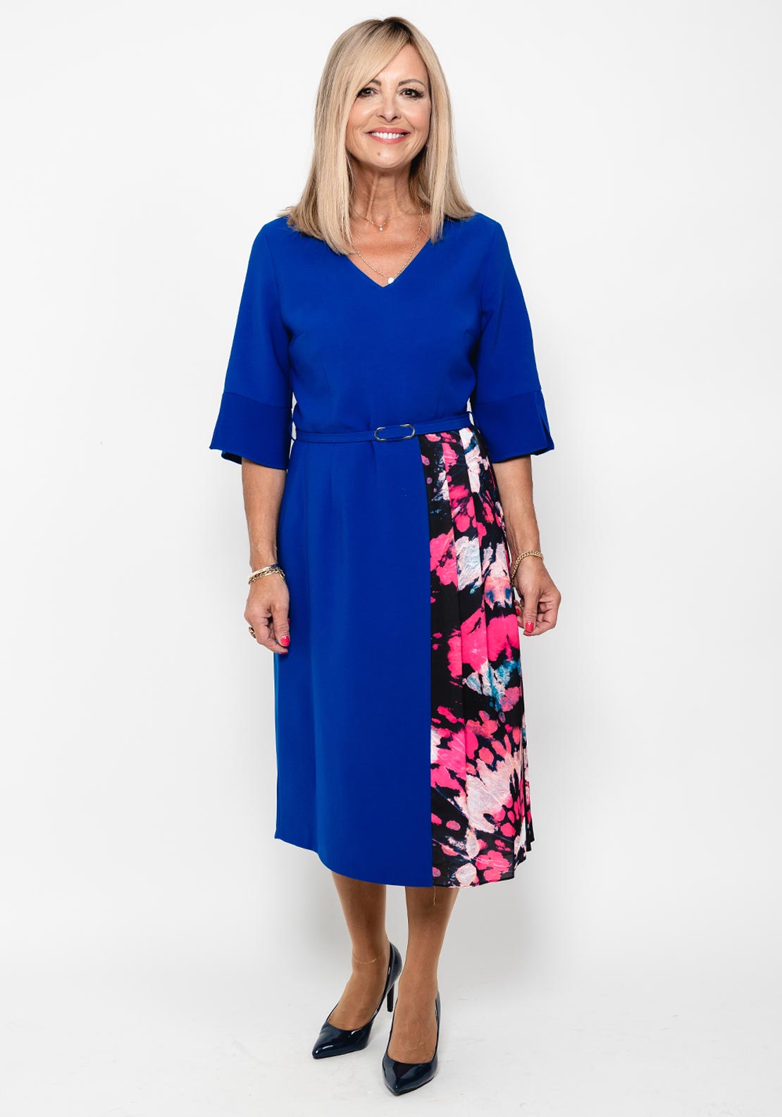 Ella Boo Print Pleat Panel Midi Dress, Royal Blue - McElhinneys