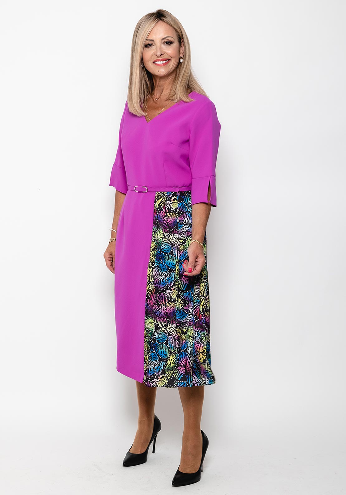 Ella Boo Print Pleat Panel Midi Dress, Fuchsia - McElhinneys