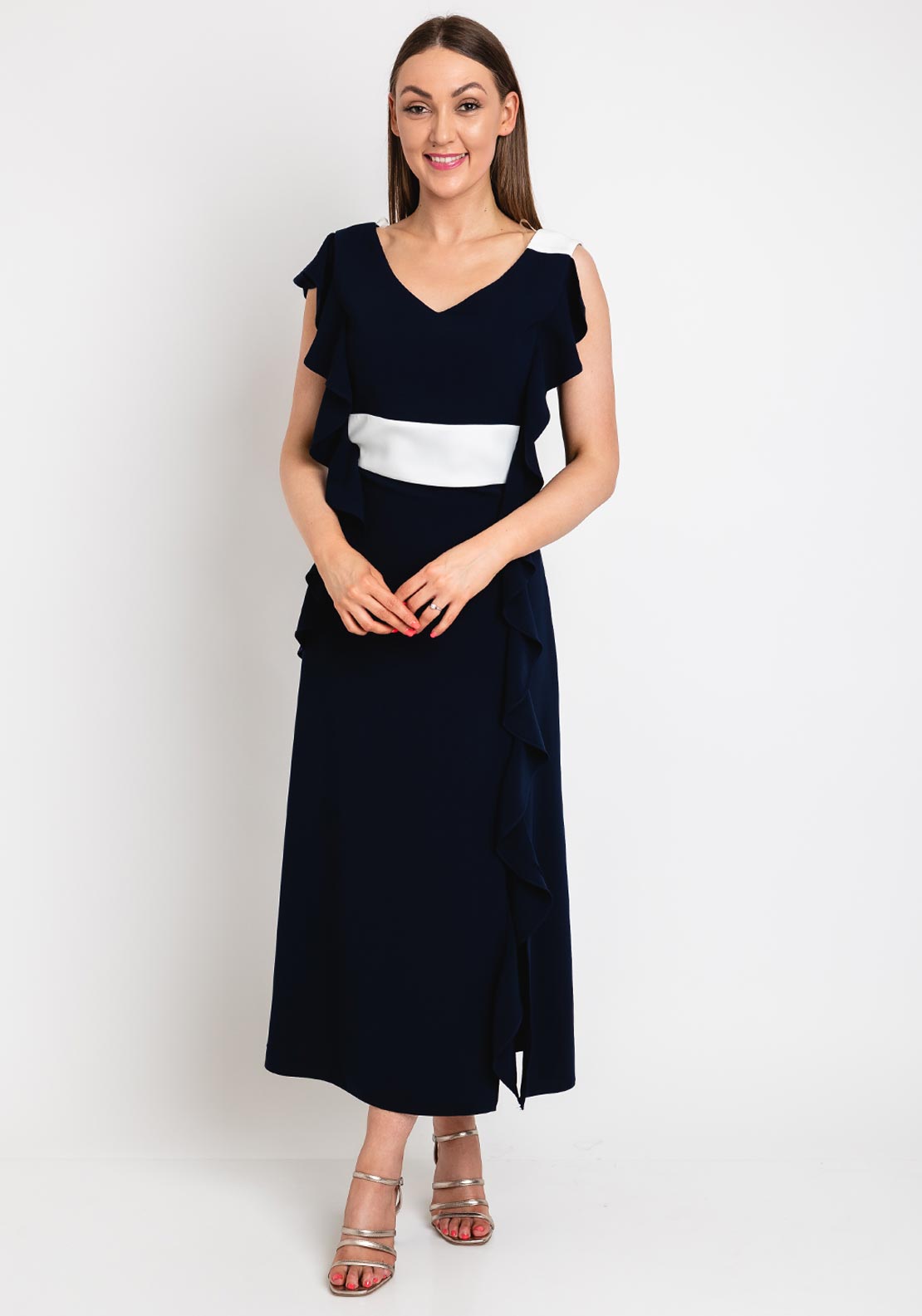 Ella Boo Ruffle Side Maxi Dress, Navy - McElhinneys