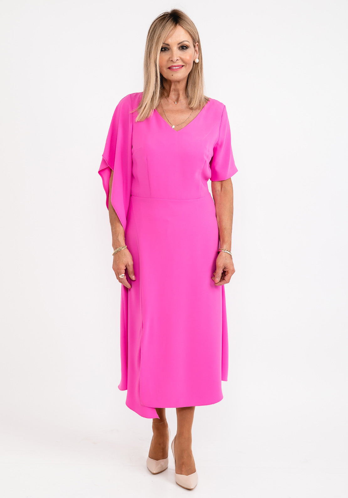 Ella Boo Drape Sleeve A Line Midi Dress, Pink - McElhinneys