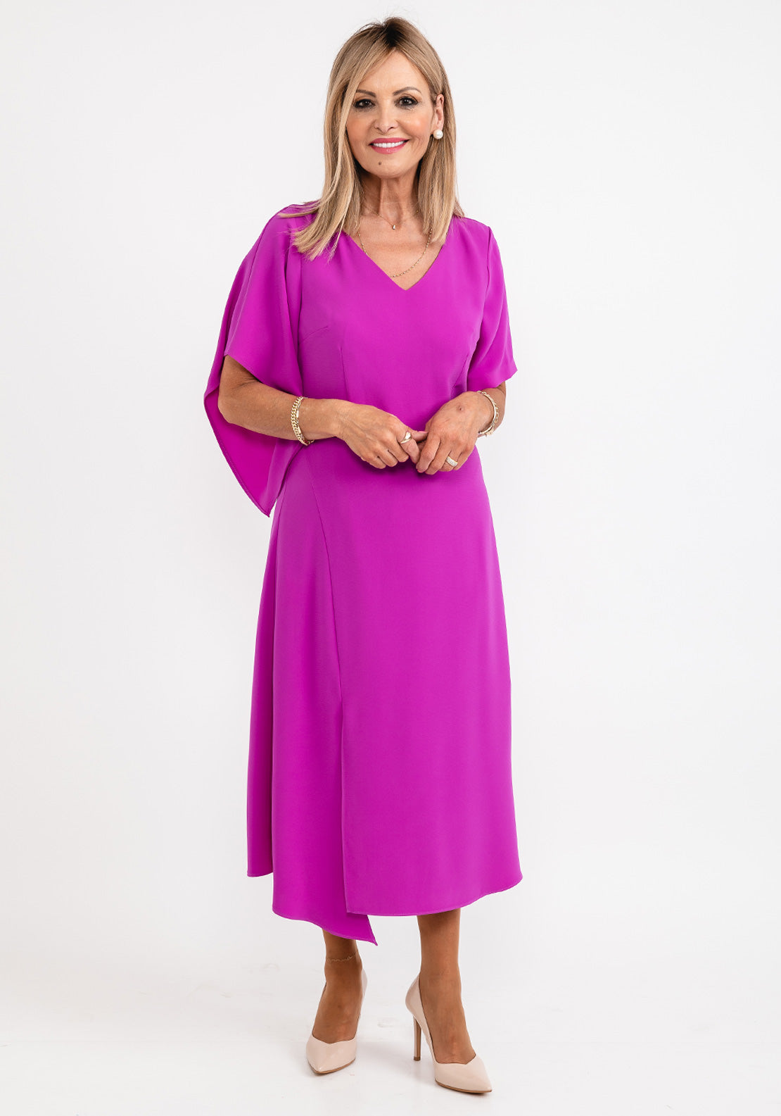 Ella Boo Drape Sleeve A Line Midi Dress, Fuchsia - McElhinneys
