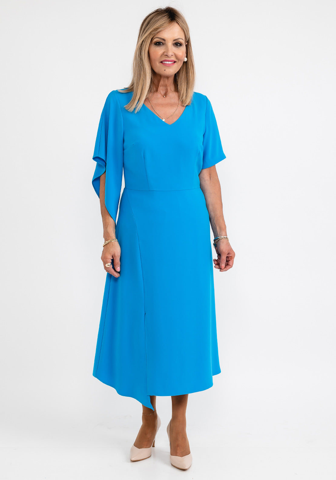Ella Boo Drape Sleeve A Line Midi Dress, Ocean - McElhinneys