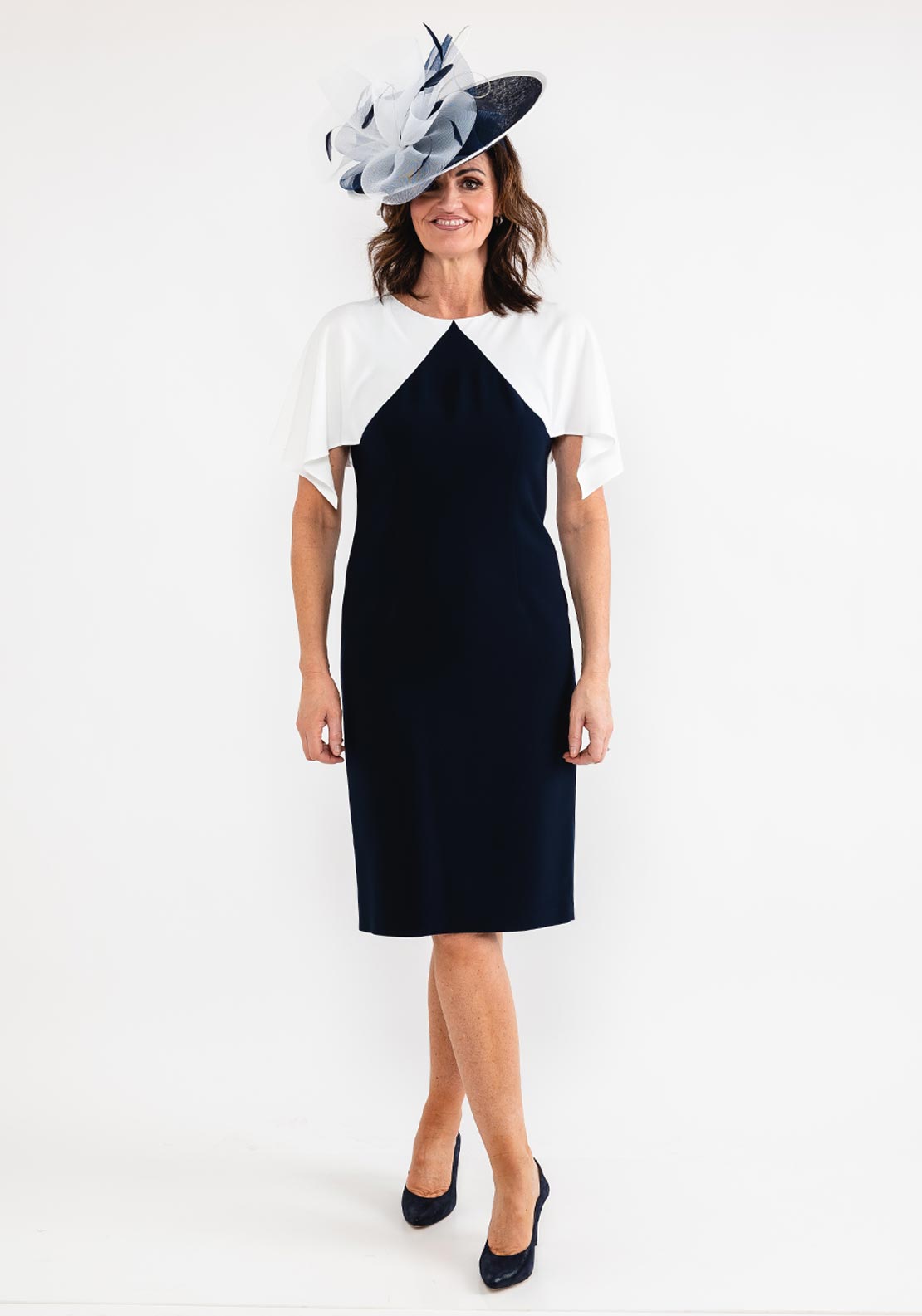 Ella Boo Cape Sleeve Pencil Midi Dress, Navy & White - McElhinneys