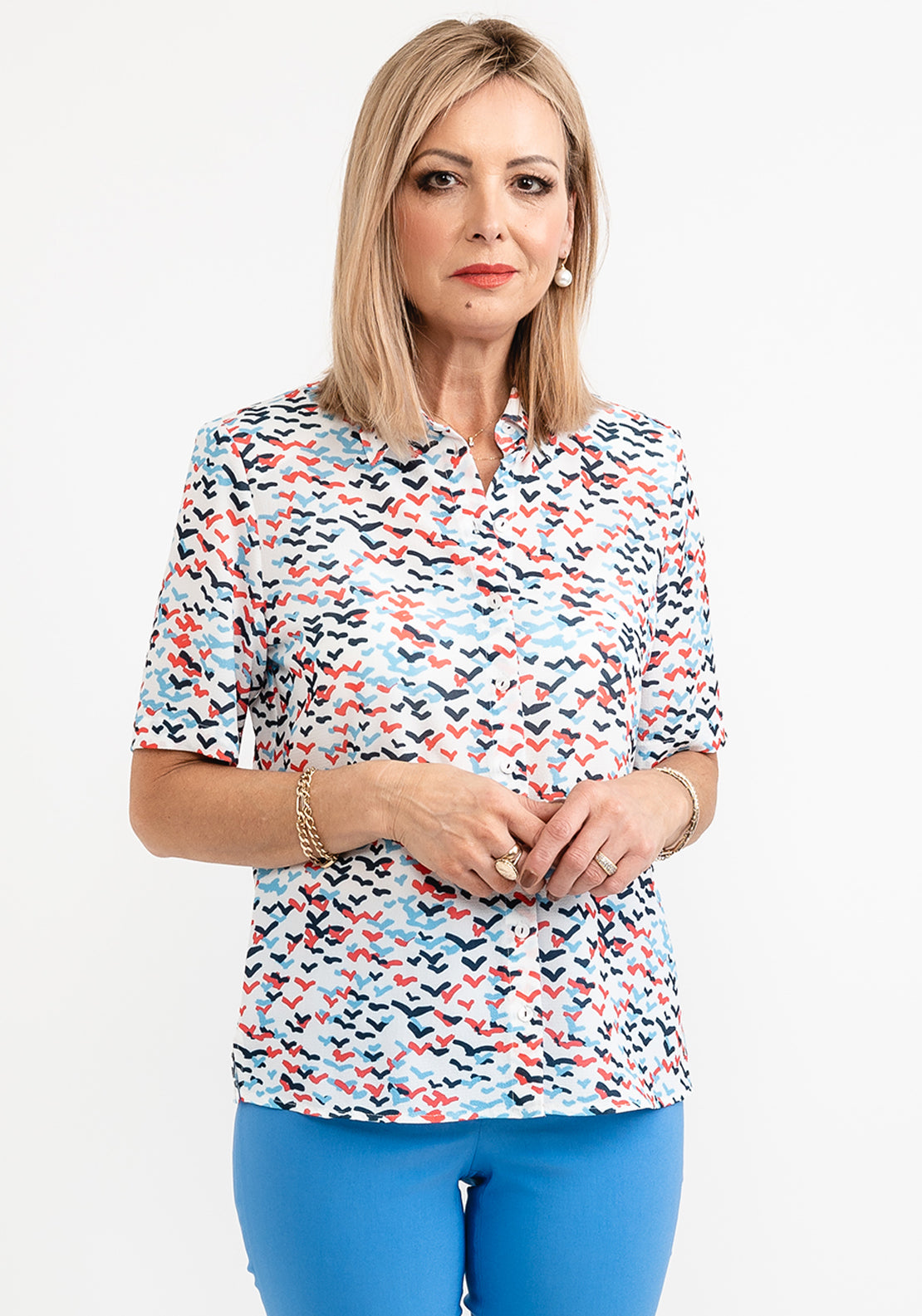 ERFO Short Sleeve Abstract Print Blouse, White Multi - McElhinneys