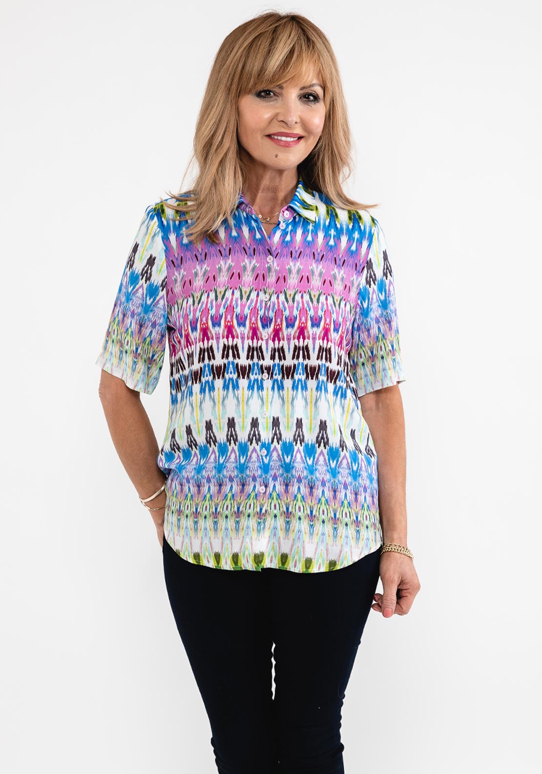ERFO Short Sleeve Abstract Print Shirt, Blue Multi - McElhinneys