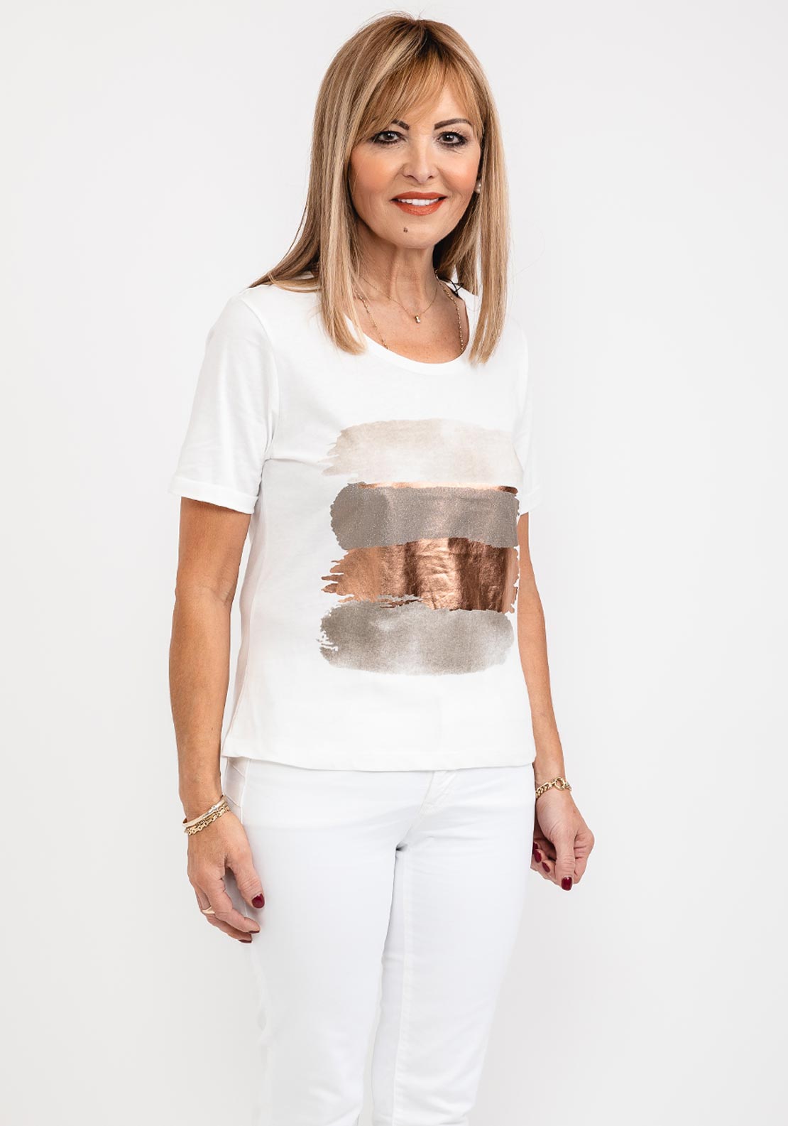Eva Kayan Rose Gold Print T-Shirt, White - McElhinneys