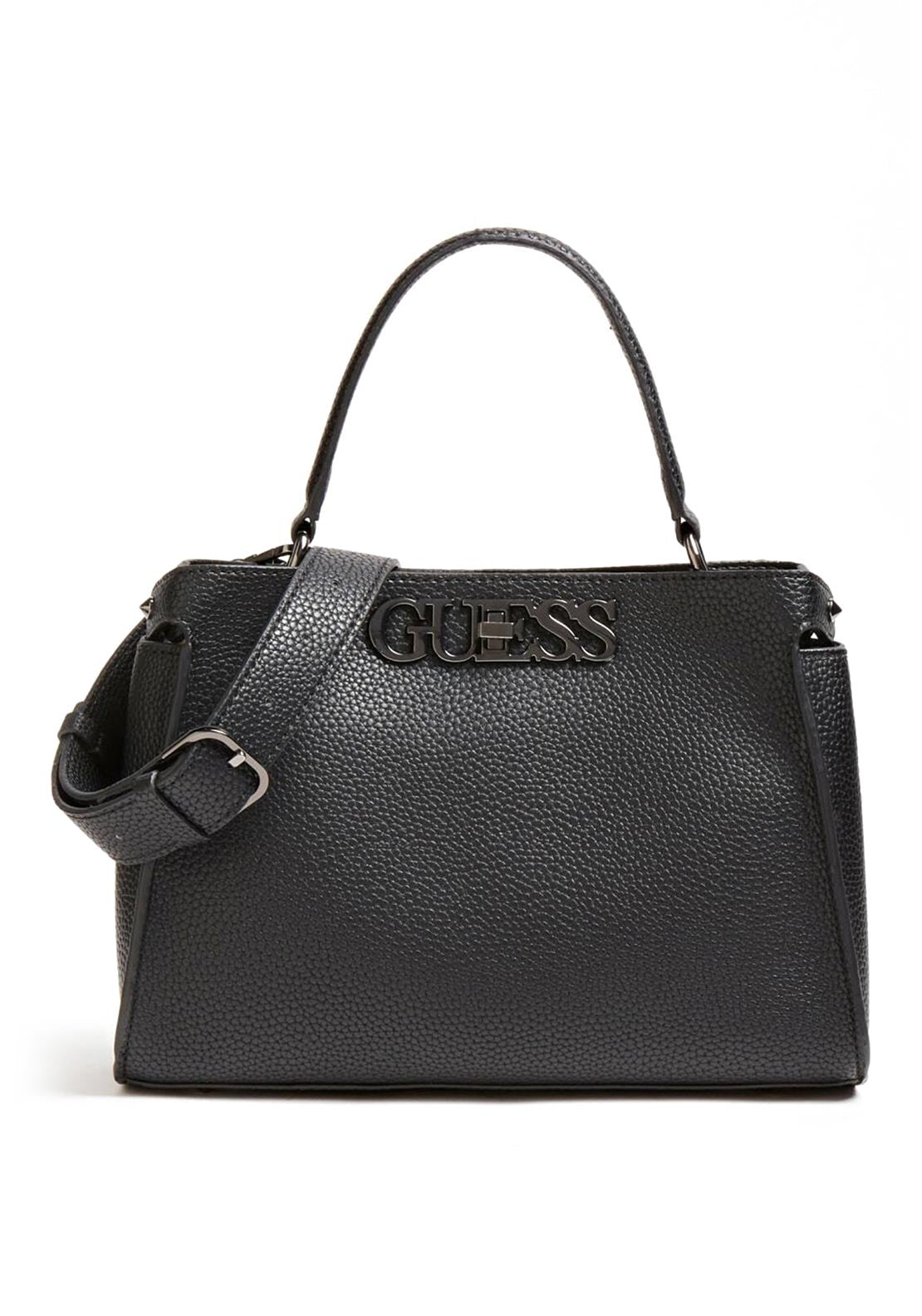 Guess Uptown Chic Large Lock Satchel Bag, Black - McElhinneys