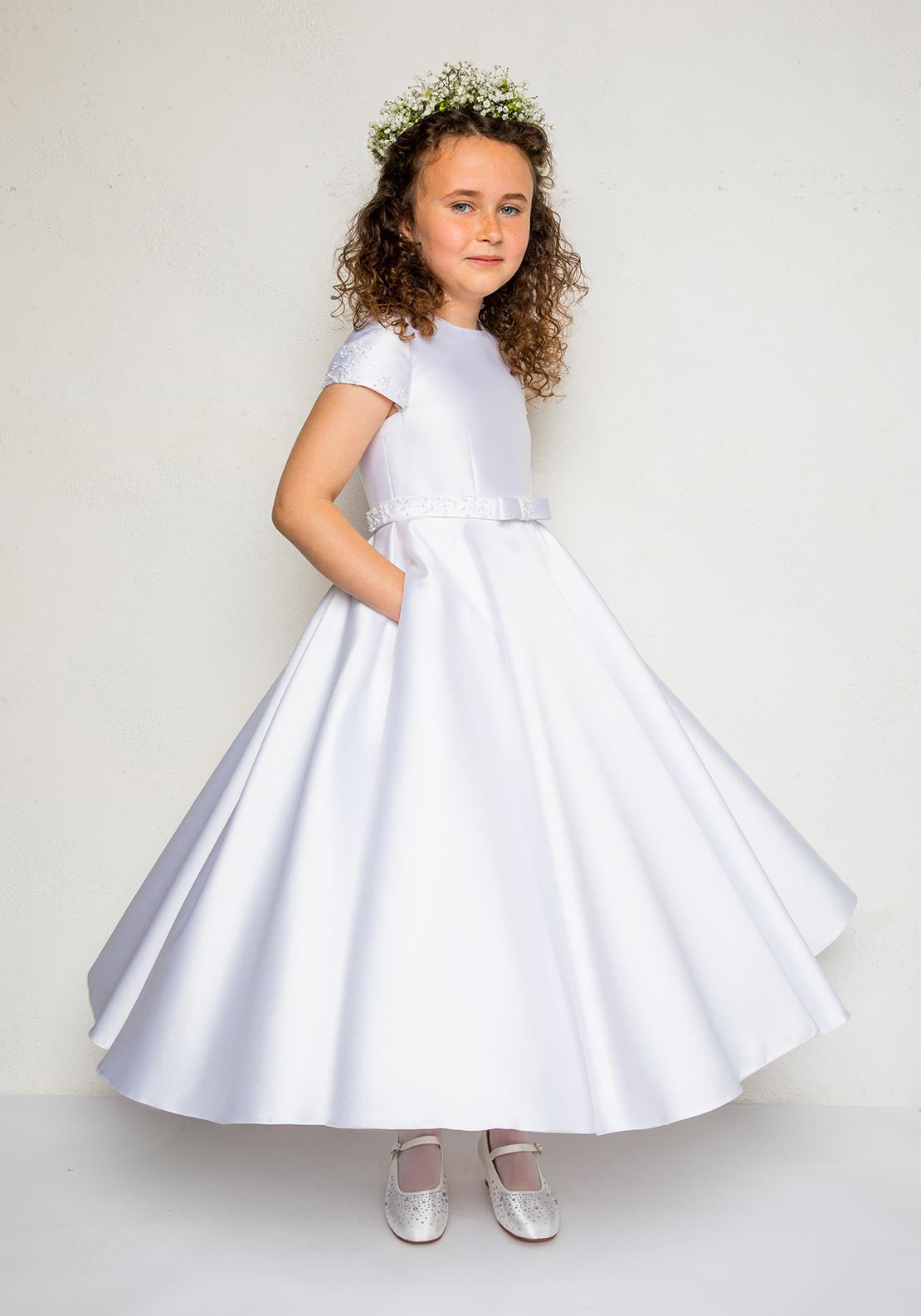 Isabella IS22140 Satin Bow Communion Dress, White - McElhinneys