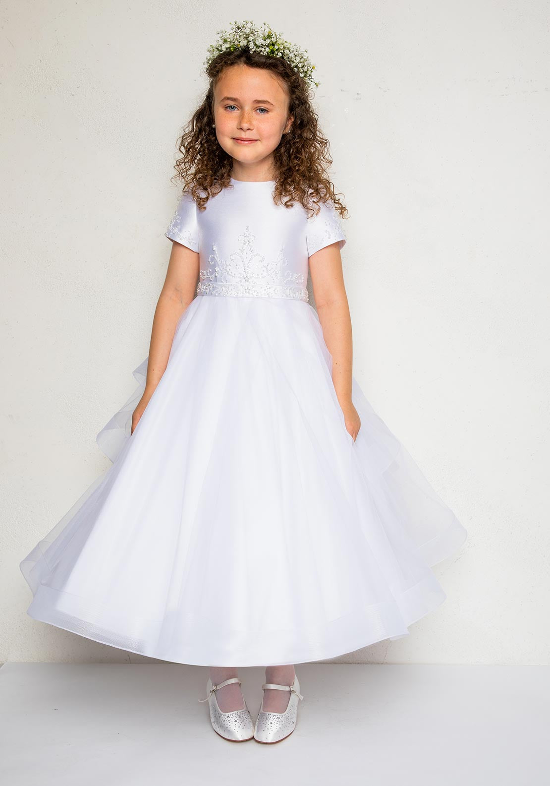 Isabella IS22152 Beaded Bodice Communion Dress, White - McElhinneys