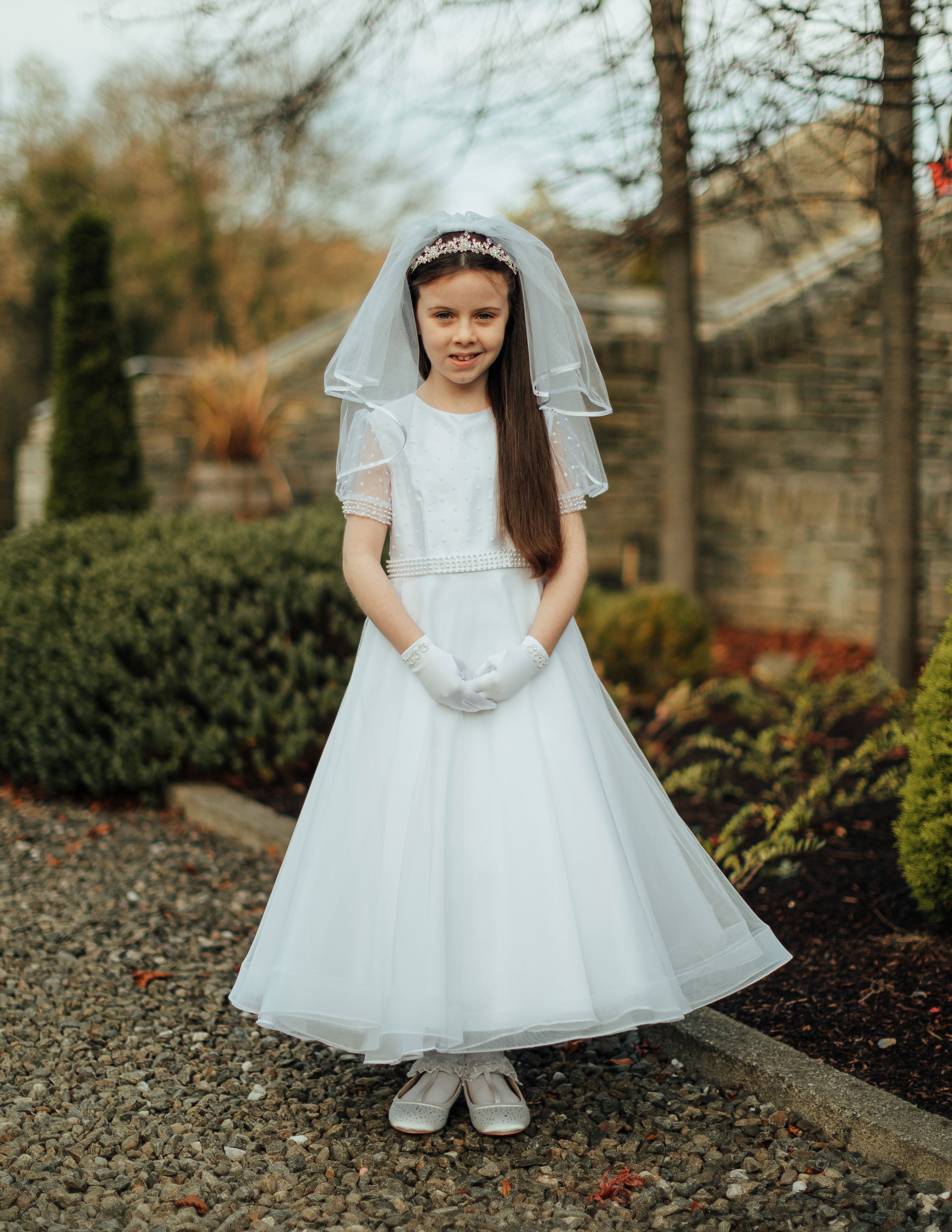 Isabella Pearl Embellished Communion Dress, White - McElhinneys