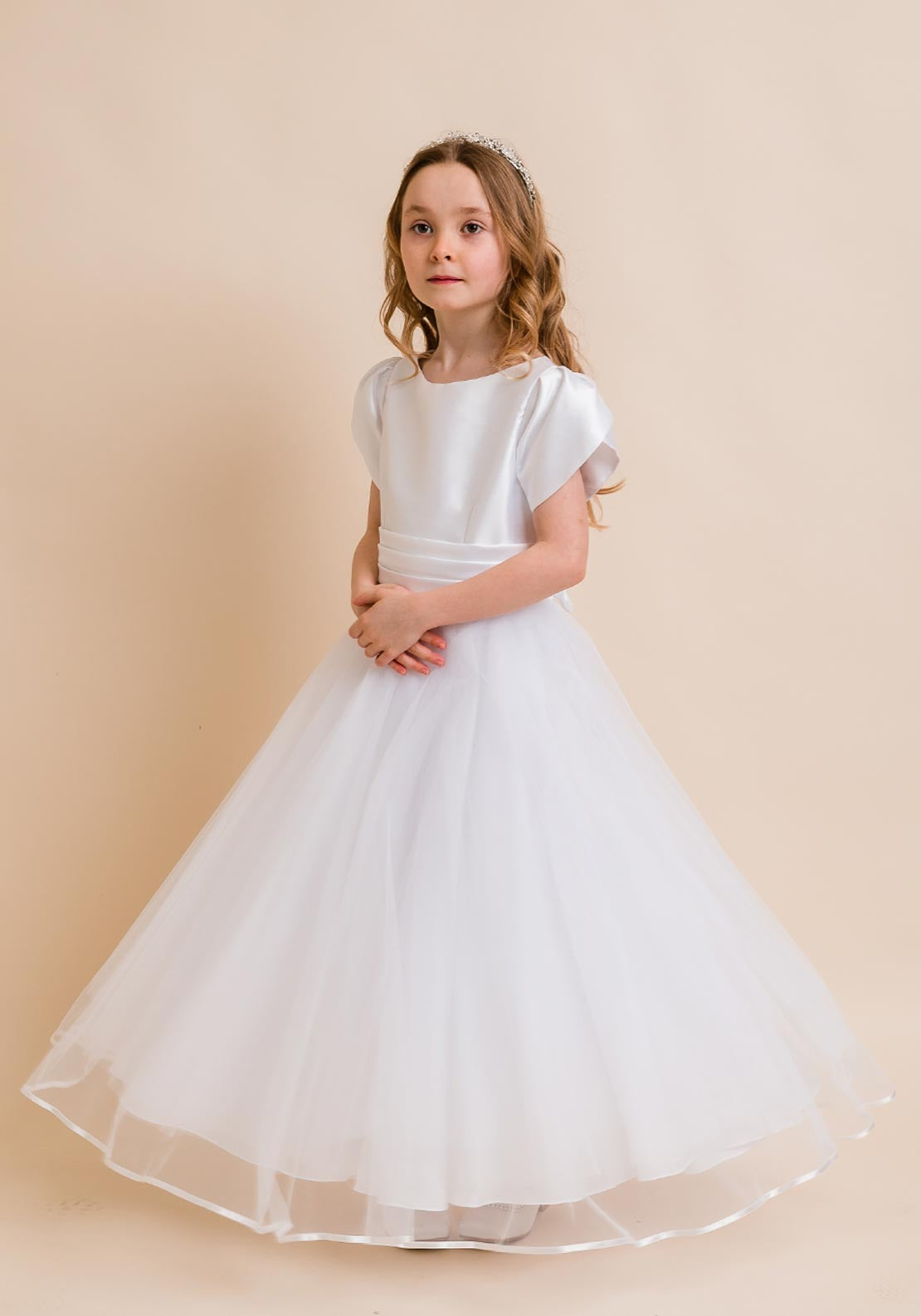 Tinkerbelle IS20594 Satin Bow Back Communion Dress, White - McElhinneys
