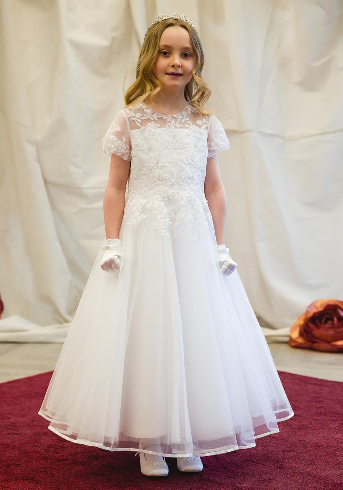 Isabella IS21943 Lace Bodice Tulle Communion Dress, White - McElhinneys