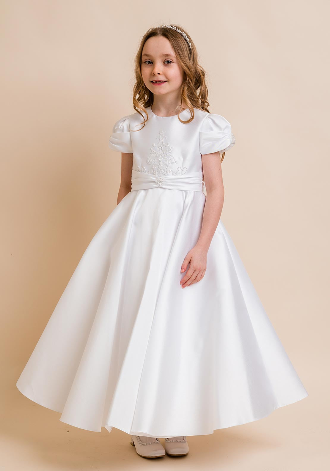 Isabella IS21954 Beaded Bodice Satin Communion Dress, White - McElhinneys