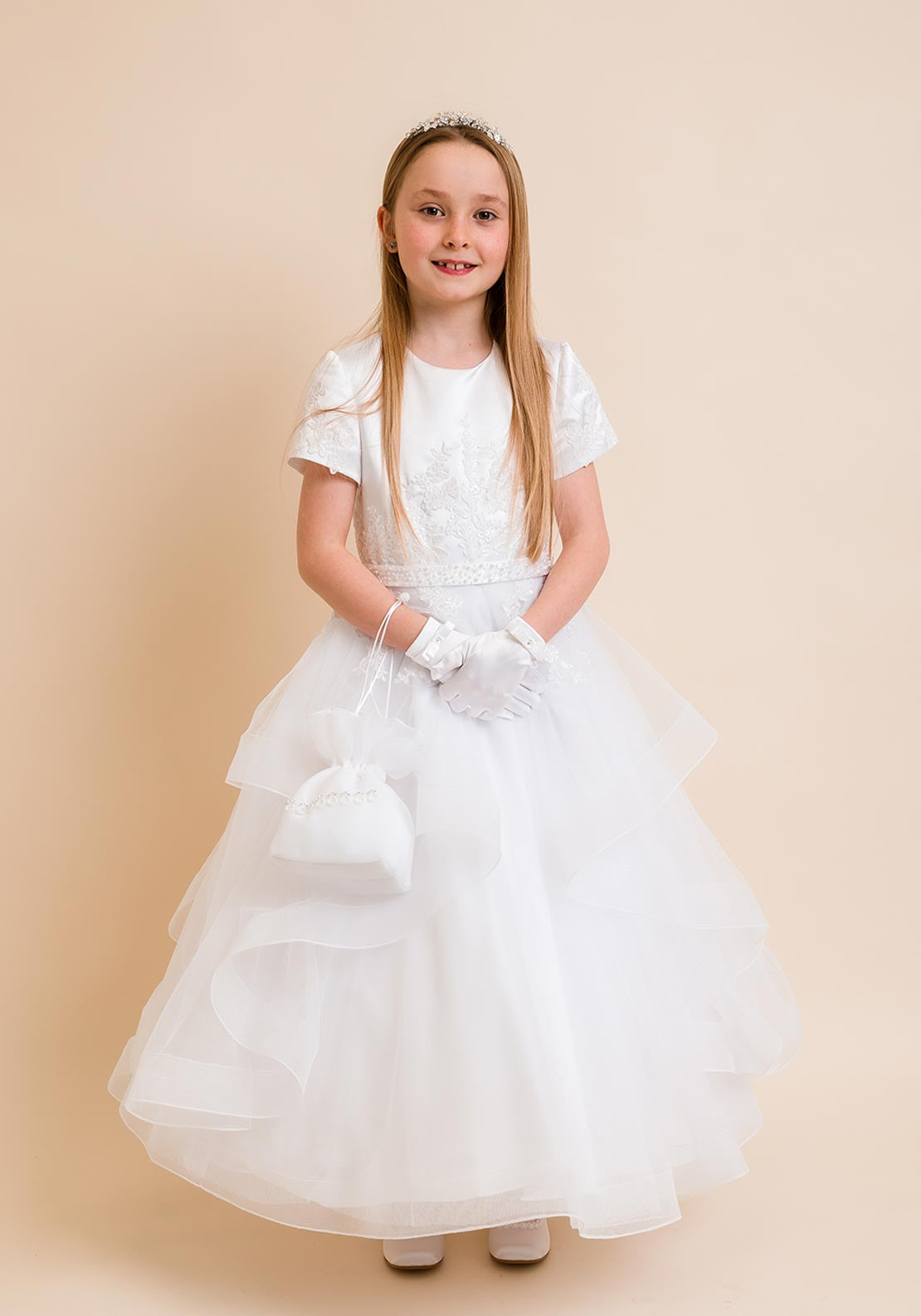 Isabella IS22158 Ruffle Tulle Communion Dress, White - McElhinneys