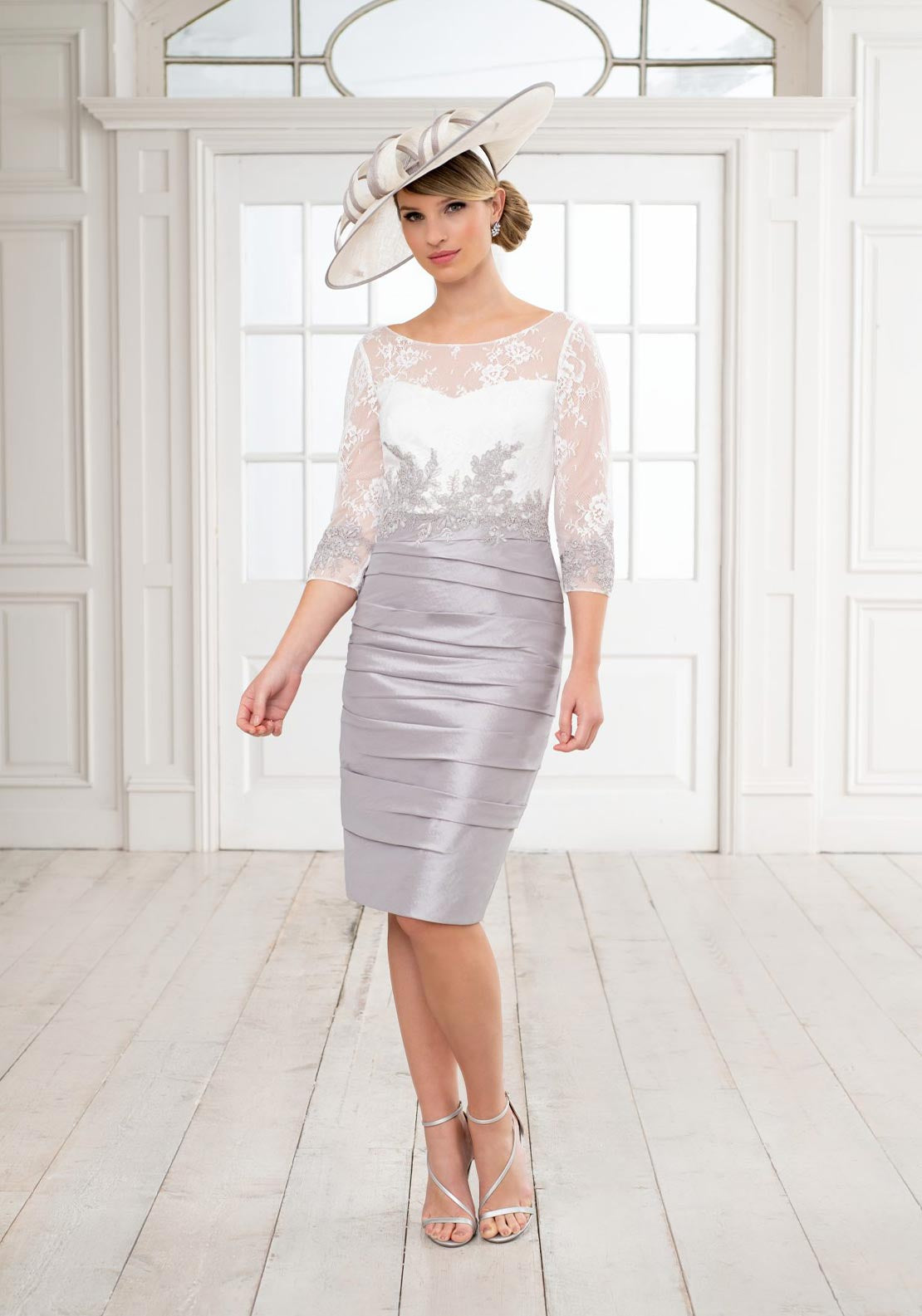 Ispirato Lace Illusion Bodice Ruched Dress, Slate & Cream - McElhinneys