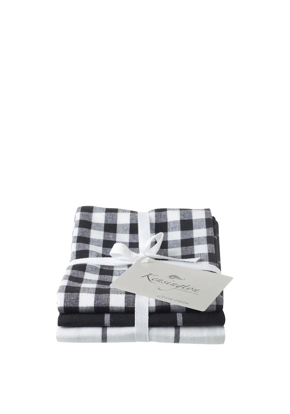 Stow Green Kensington Set of 3 Check Tea Towels, Black - McElhinneys