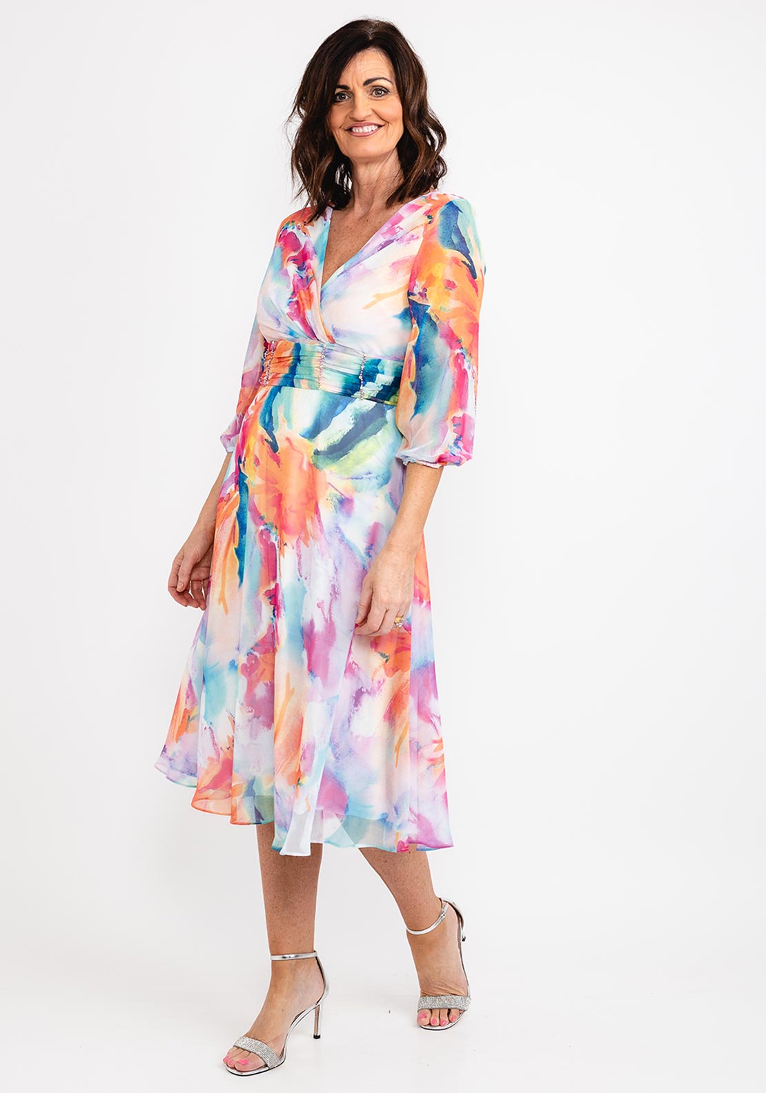 Lizabella Watercolour Print Chiffon Midi Dress, Multi - McElhinneys