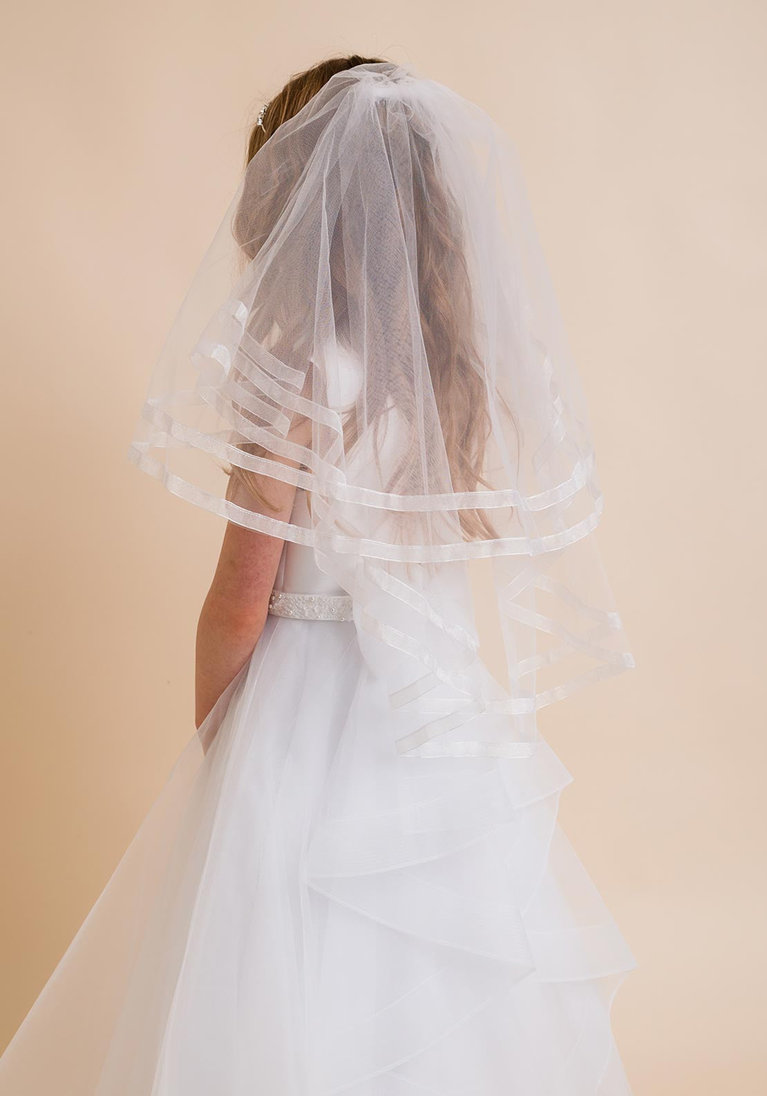Little People Sheer Ribbon Trim Communion Veil, White - McElhinneys