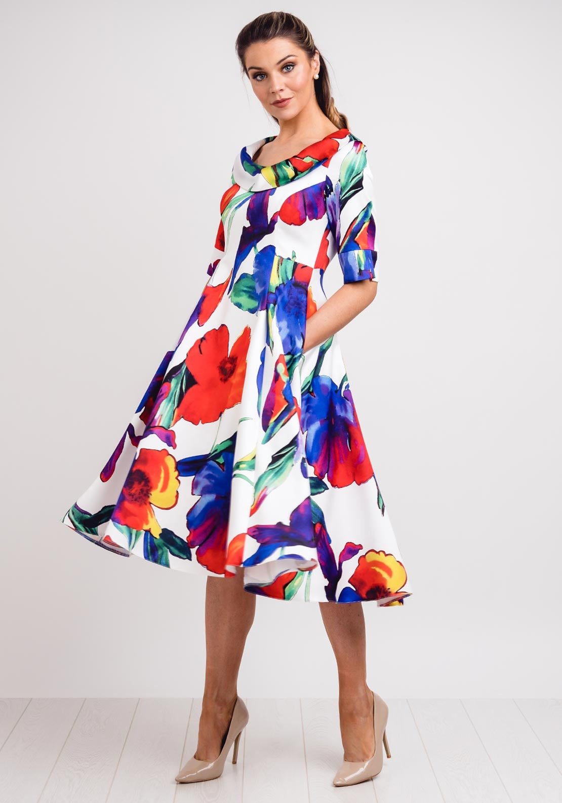 Lizabella Floral Satin Flared Midi Dress, Multi - McElhinneys