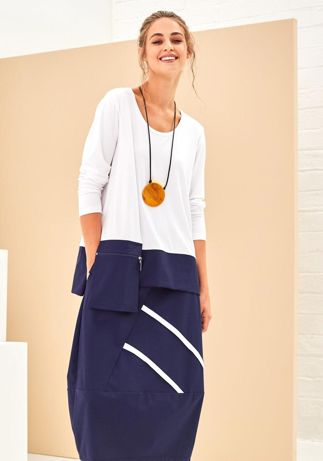 Naya Panel Trim Jersey Top, White & Navy - McElhinneys