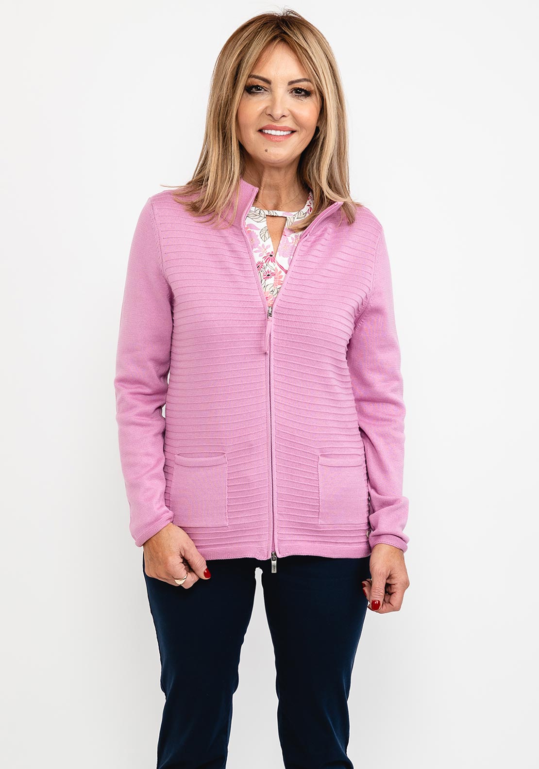 Olsen Ribbed Zip Cardigan, Blossom - McElhinneys
