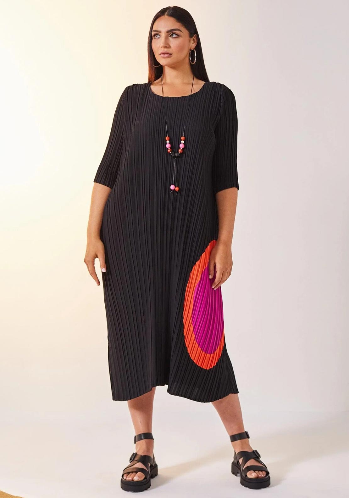 Ora Pleated Tunic Midi Dress, Black Multi - McElhinneys