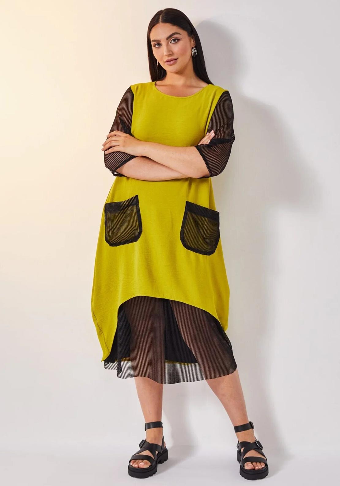 Ora Mesh Panel Two Piece Dress, Lime & Black - McElhinneys