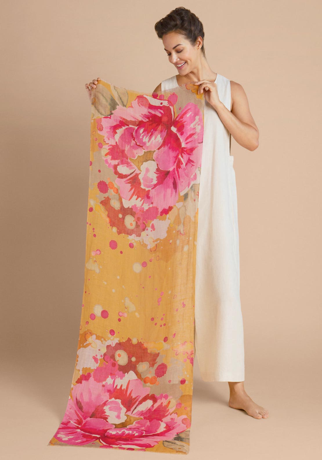 Powder 100% Linen Painted Peony Scarf, Mustard - McElhinneys