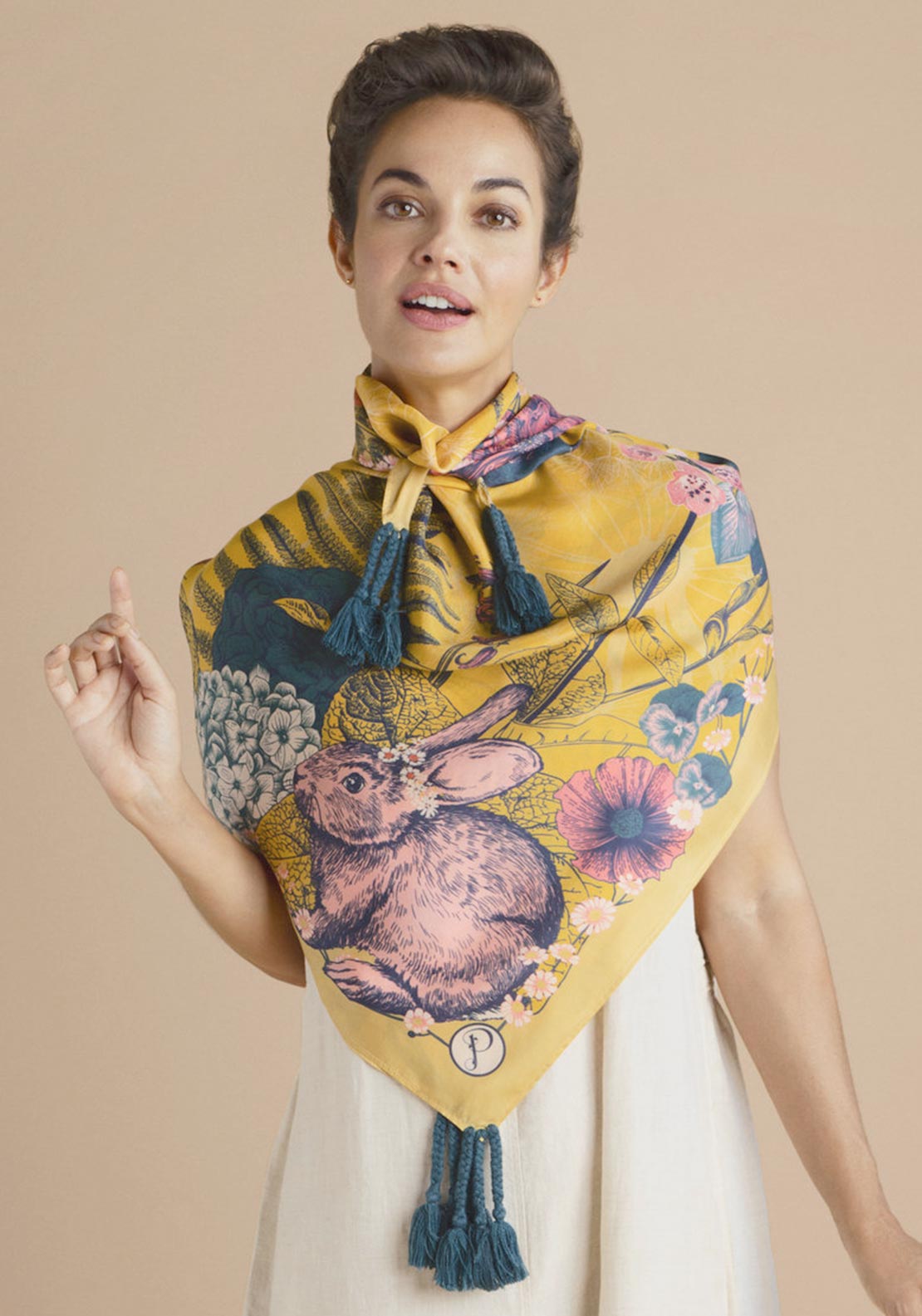 Powder 100% Silk Tassled Summer Woodland Scarf, Mustard - McElhinneys