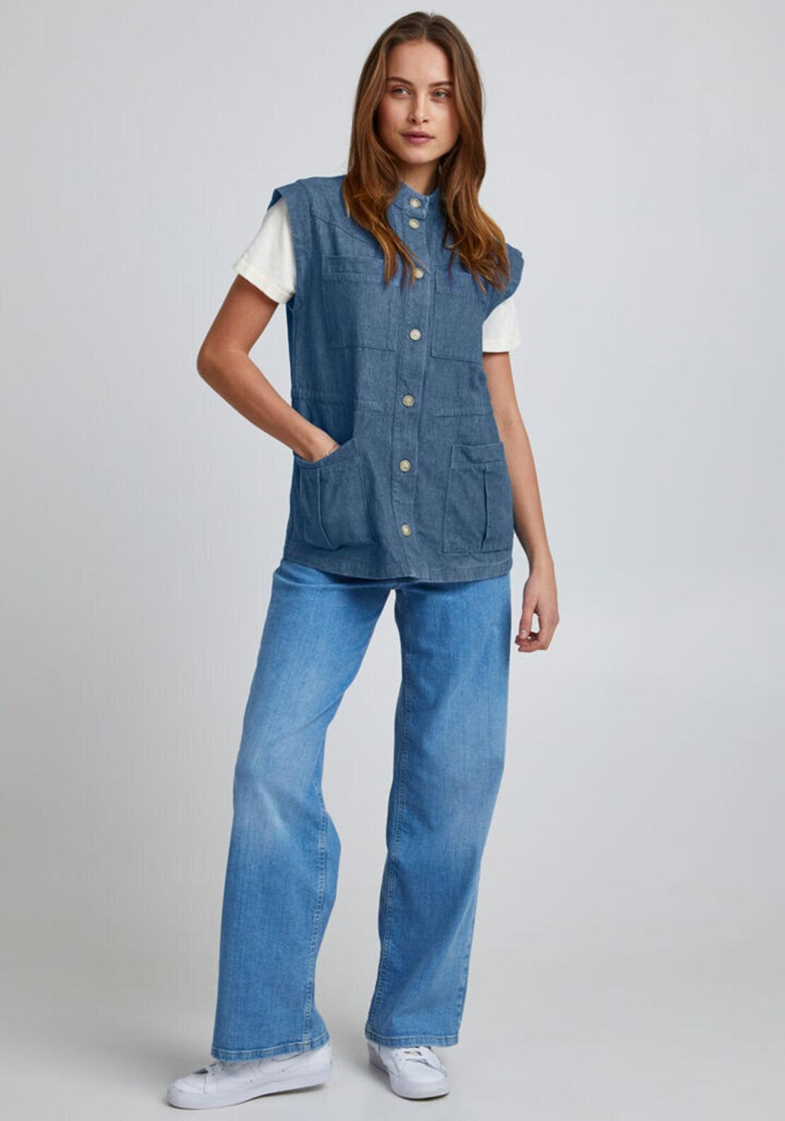 Pulz Buttoned Casual Denim Waistcoat, Medium Blue - McElhinneys
