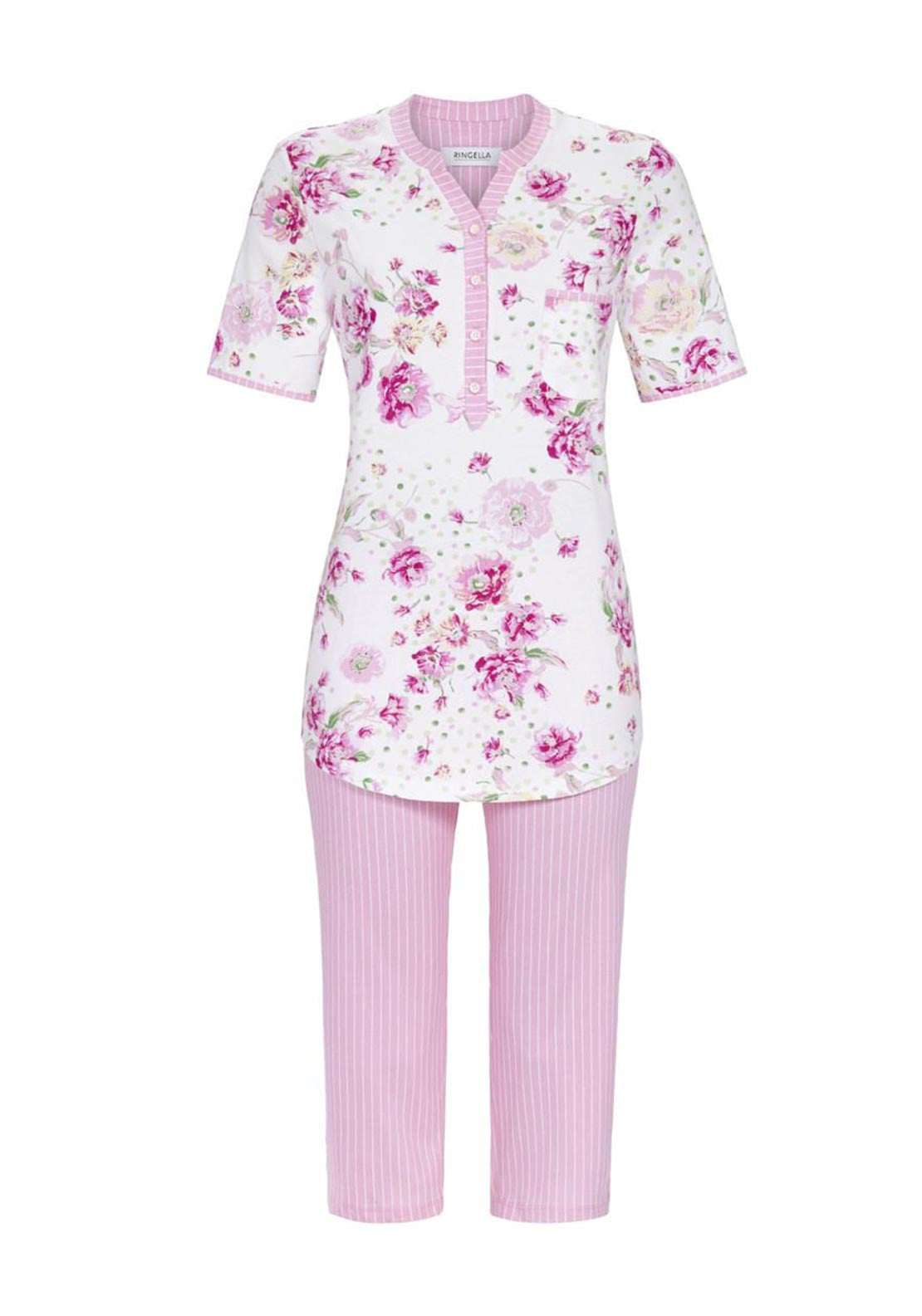 Ringella Floral & Pinstripe Capri Pyjama Set, White Multi - McElhinneys