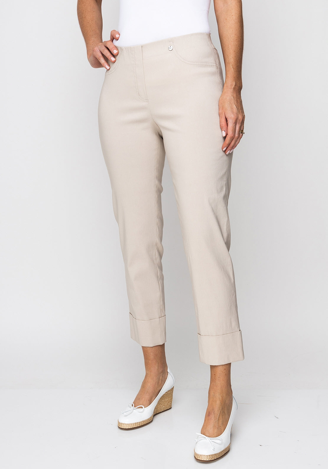 Robell Bella 09 Turn Up Crop Trousers, Beige - McElhinneys