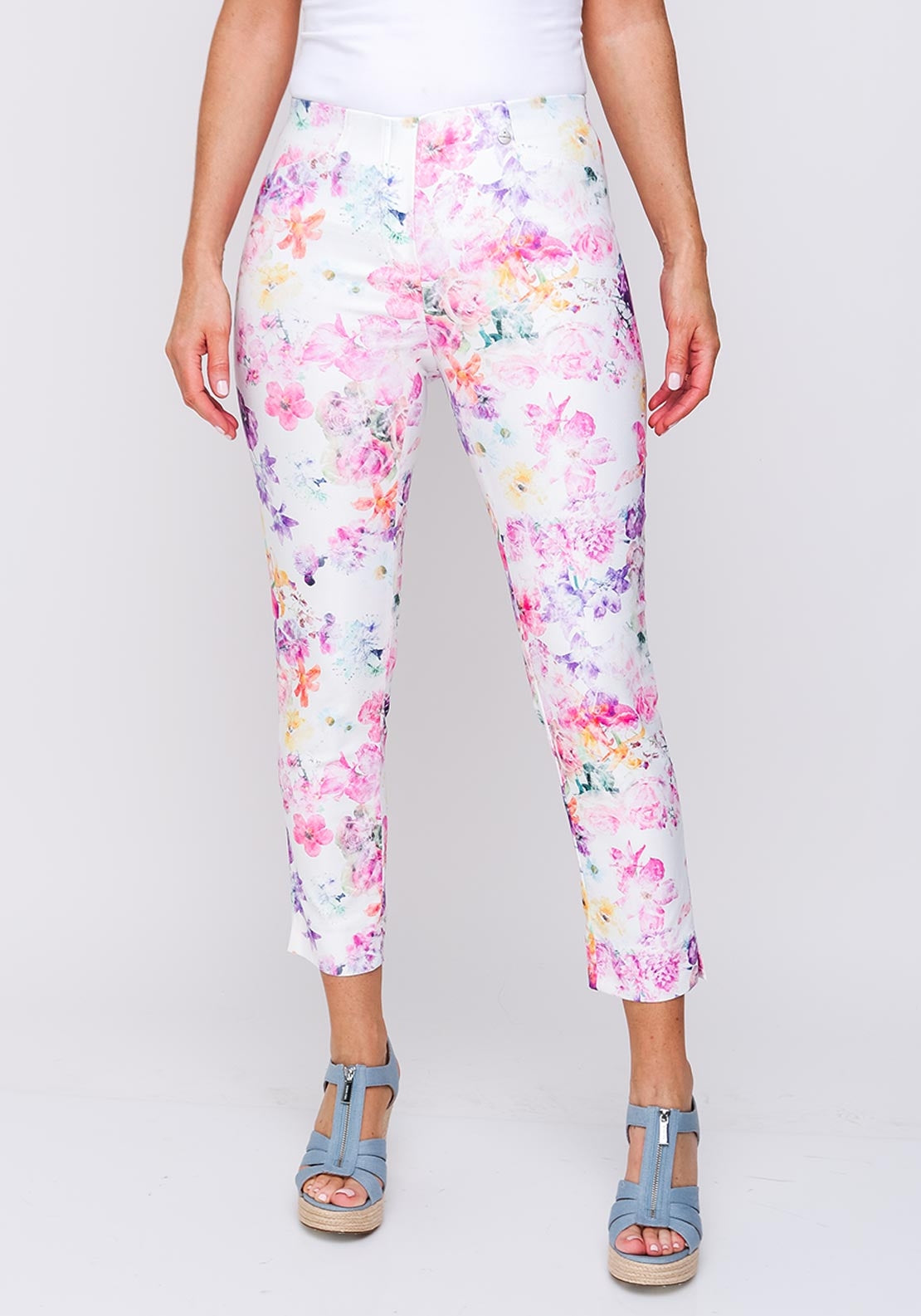 Robell Rose 09 Floral Print Super Slim Capri Trouser, Multi - McElhinneys