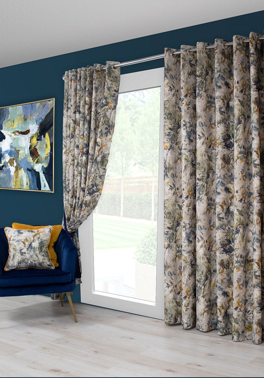 Scatterbox Seren Eyelet 100" X 90" Curtains Fully Lined, Blue & Ochre ...