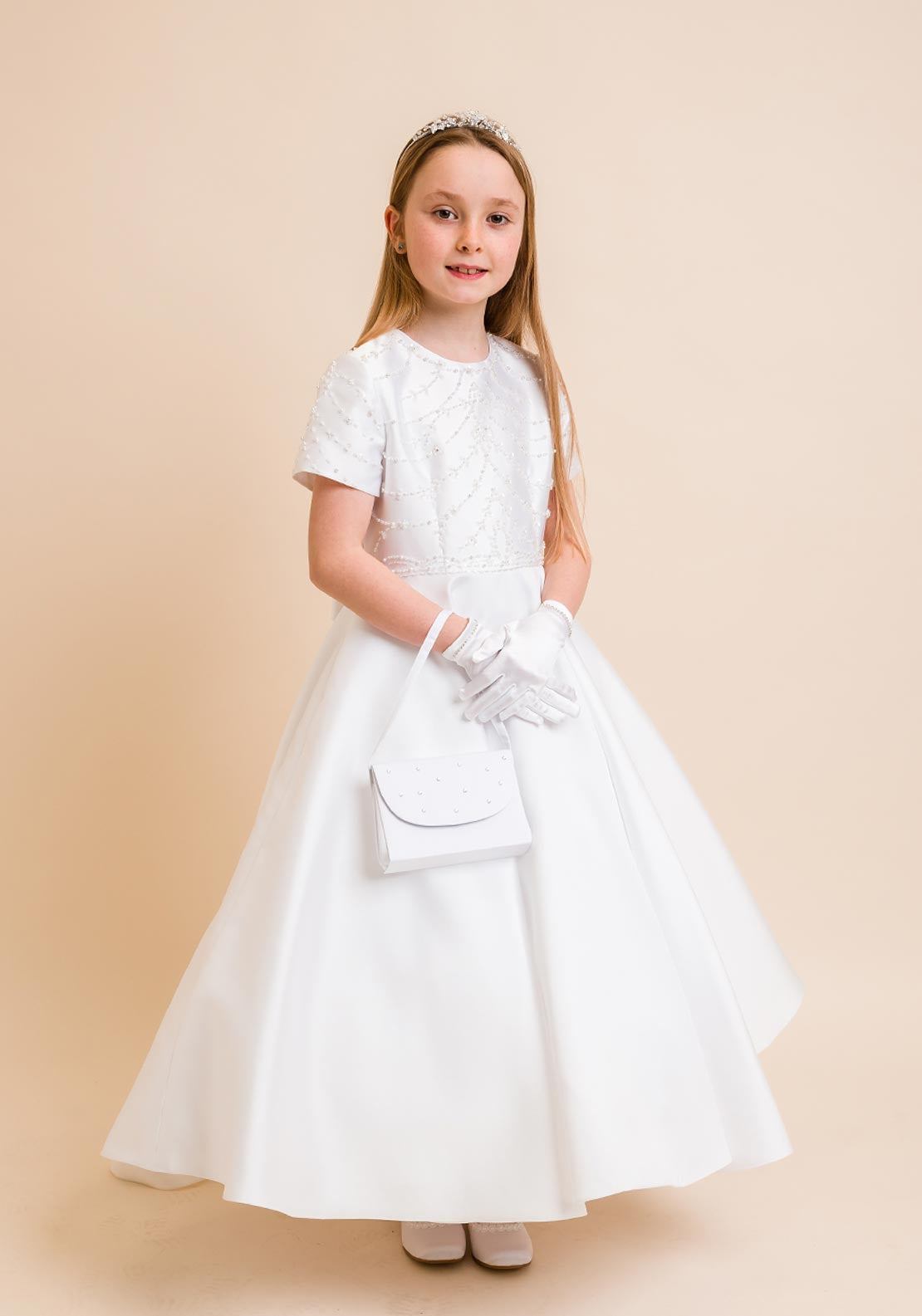 Special Day SD718 Beaded Bodice Satin Communion Dress, White - McElhinneys