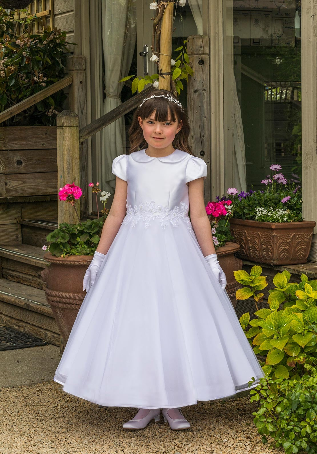Tinkerbelle IS20548 Satin Collar Communion Dress, White - McElhinneys