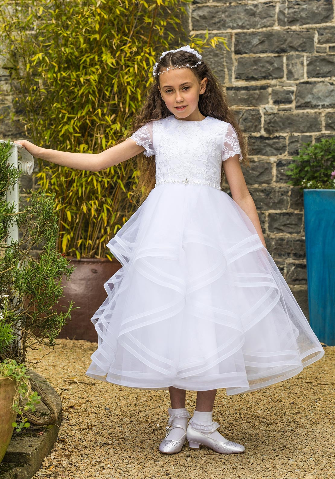 Tinkerbelle IS20562 Lace Layered Skirt Communion Dress, White - McElhinneys