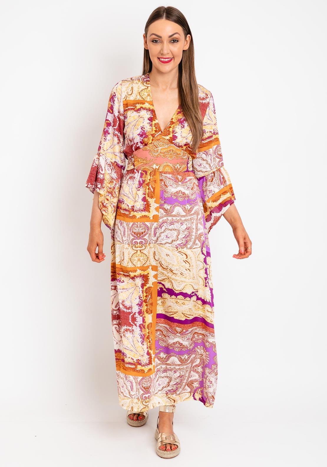 Serafina Collection Satin Damask Print Tie Maxi Dress, Gold Multi ...
