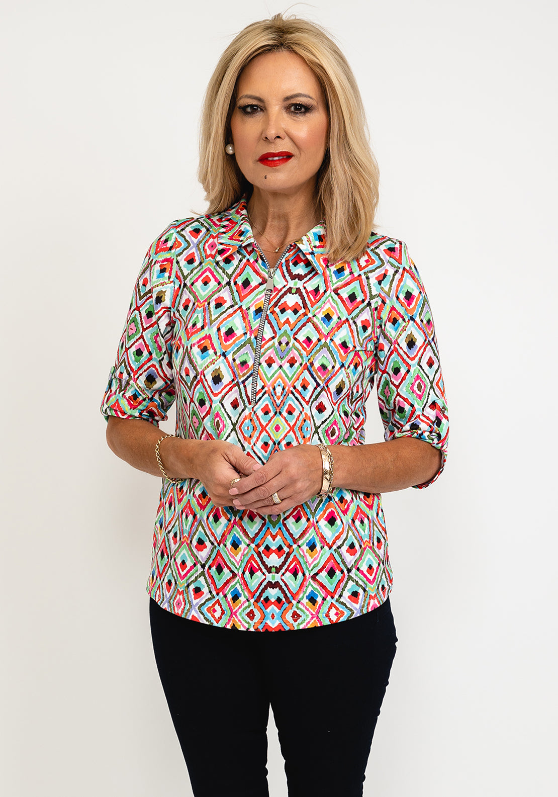Leon Collection Maria Geo Print Half Zip Top, Multi - McElhinneys